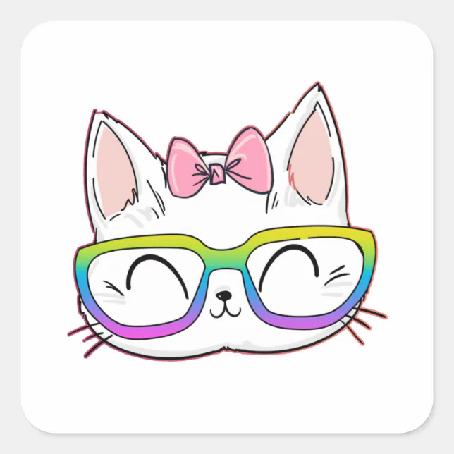Cute Cat with Glasses Square Sticker | Zazzle