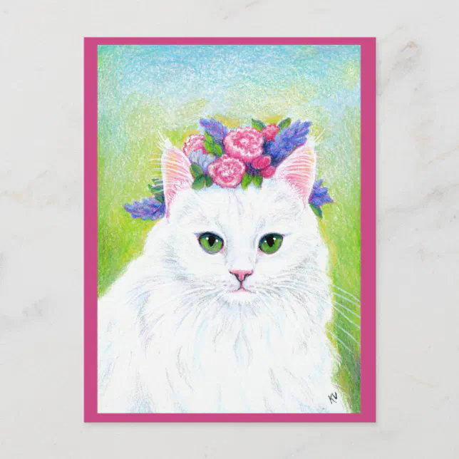 Cute Cat with Spring Flowers Hat pink postcard | Zazzle