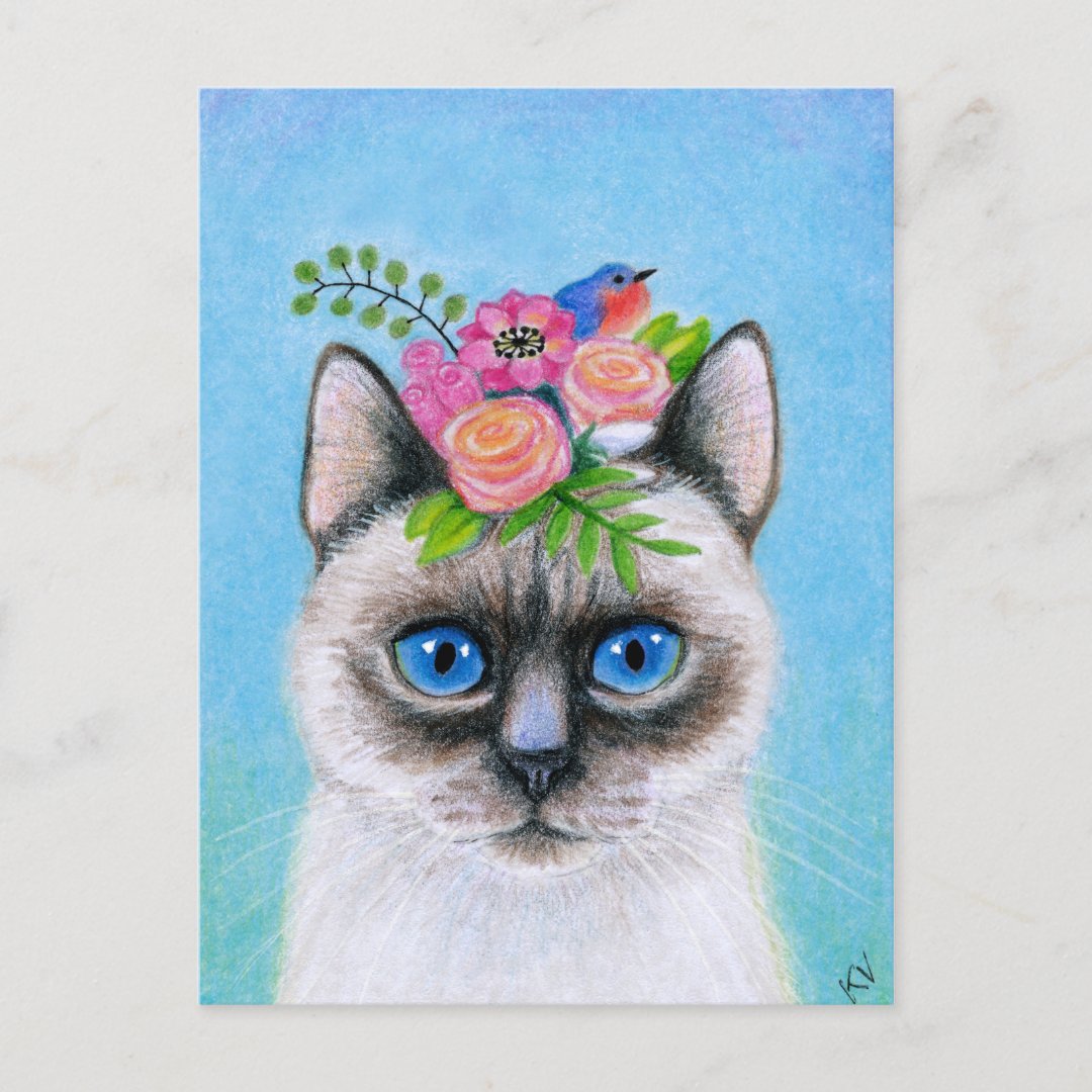 Cute Cat with Spring Flowers Hat postcard | Zazzle