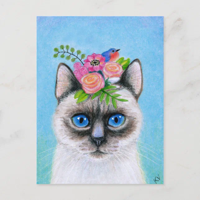 Cute Cat with Spring Flowers Hat postcard | Zazzle