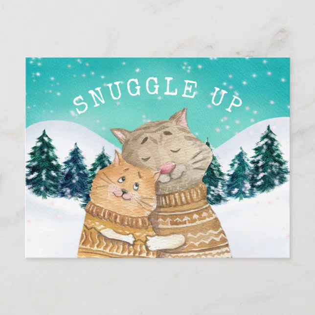 Cute Cats Hugging Snuggle Up Forest Snow Scene Holiday Postcard Zazzle