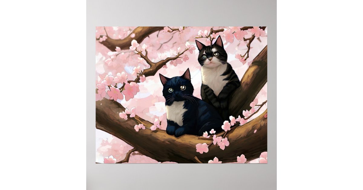 Cute Cats On A Cherry Blossom Tree Poster | Zazzle