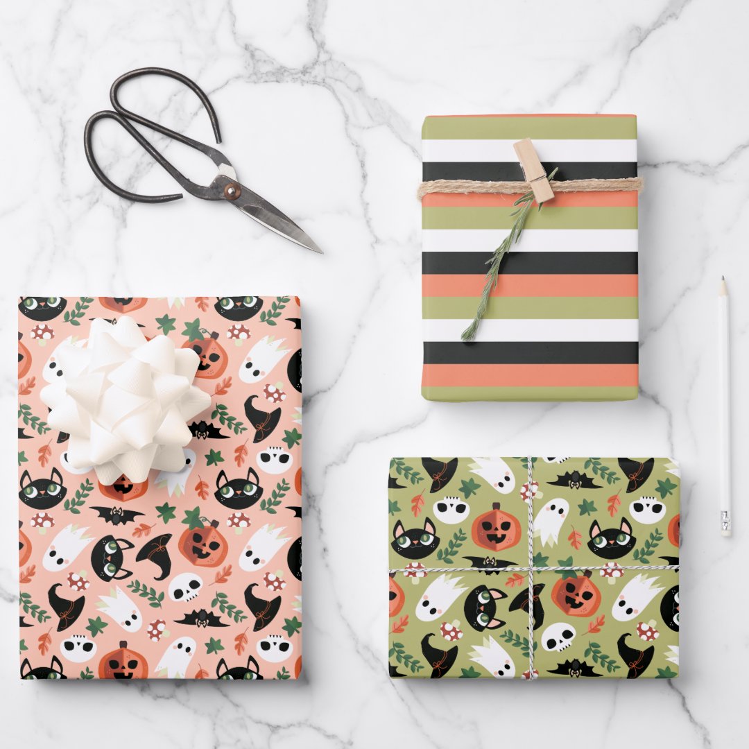 Cute Cats & Pumpkins Mixed Halloween Patterns Wrapping Paper Sheets ...