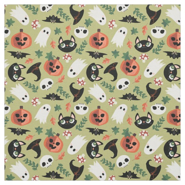 Cute Black Cats on Green Halloween Pattern Fabric | Zazzle