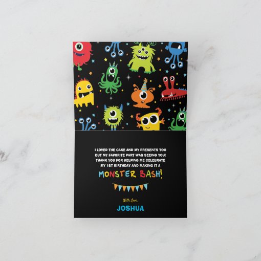 Cute Chalkboard Little Monsters Boy Birthday Tent Thank You Card | Zazzle
