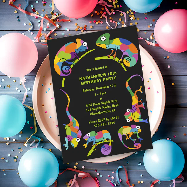 Cute Chameleons Colorful Kids Birthday Party Invitation | Zazzle
