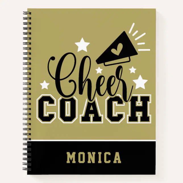 Cute Cheer Coach Personalized Gold and Black Notebook | Zazzle