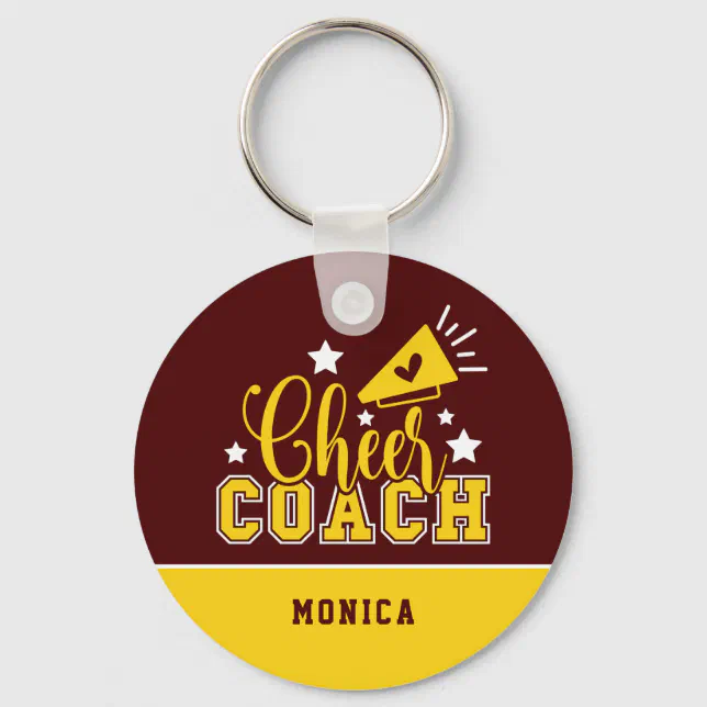 Cute Cheer Coach Personalized Maroon & Yellow Keychain | Zazzle
