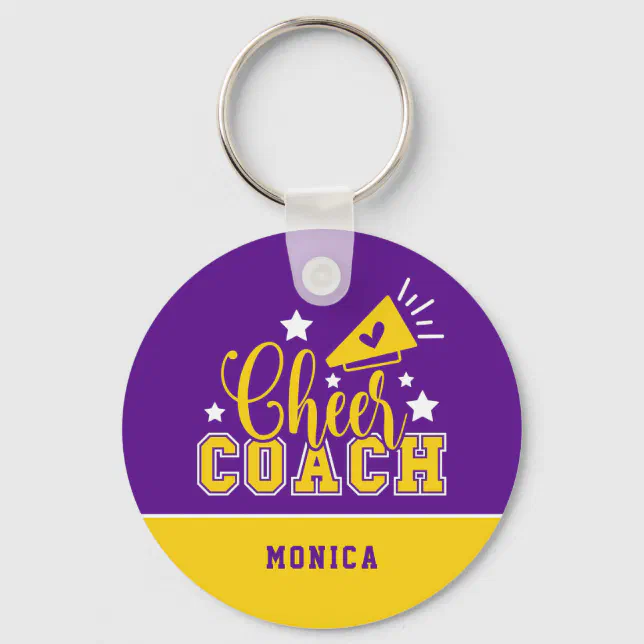 Cute Cheer Coach Personalized Purple & Yellow Keychain | Zazzle