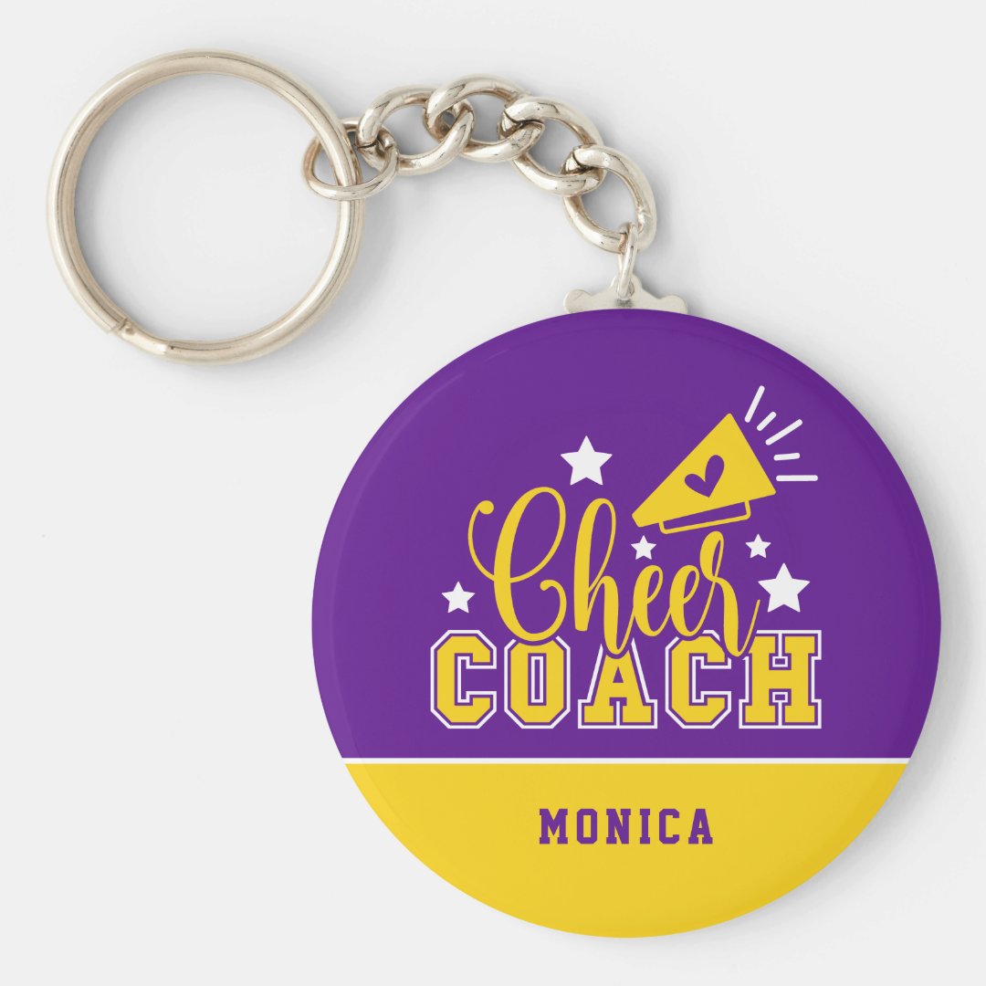 Cute Cheer Coach Personalized Purple & Yellow Keychain | Zazzle
