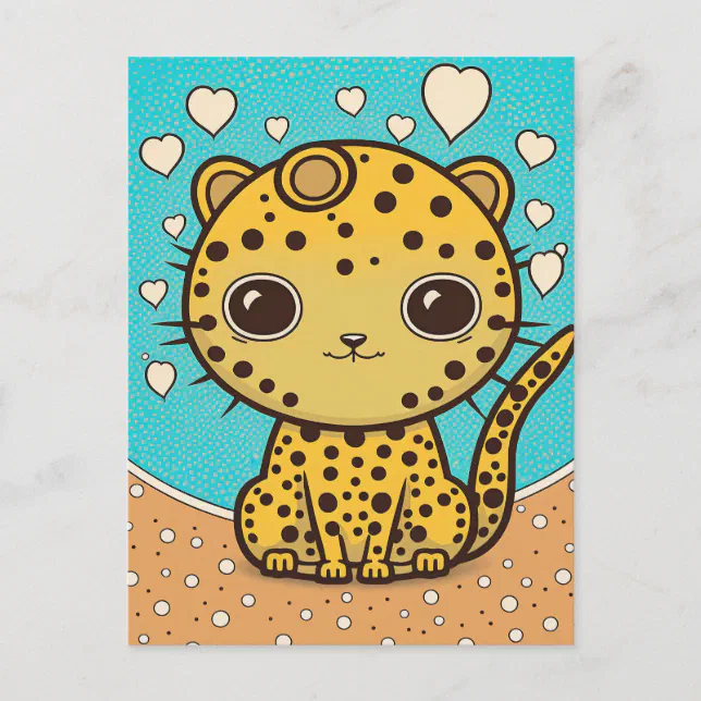 Cute Cheetah with hearts for love & valentine Postcard | Zazzle