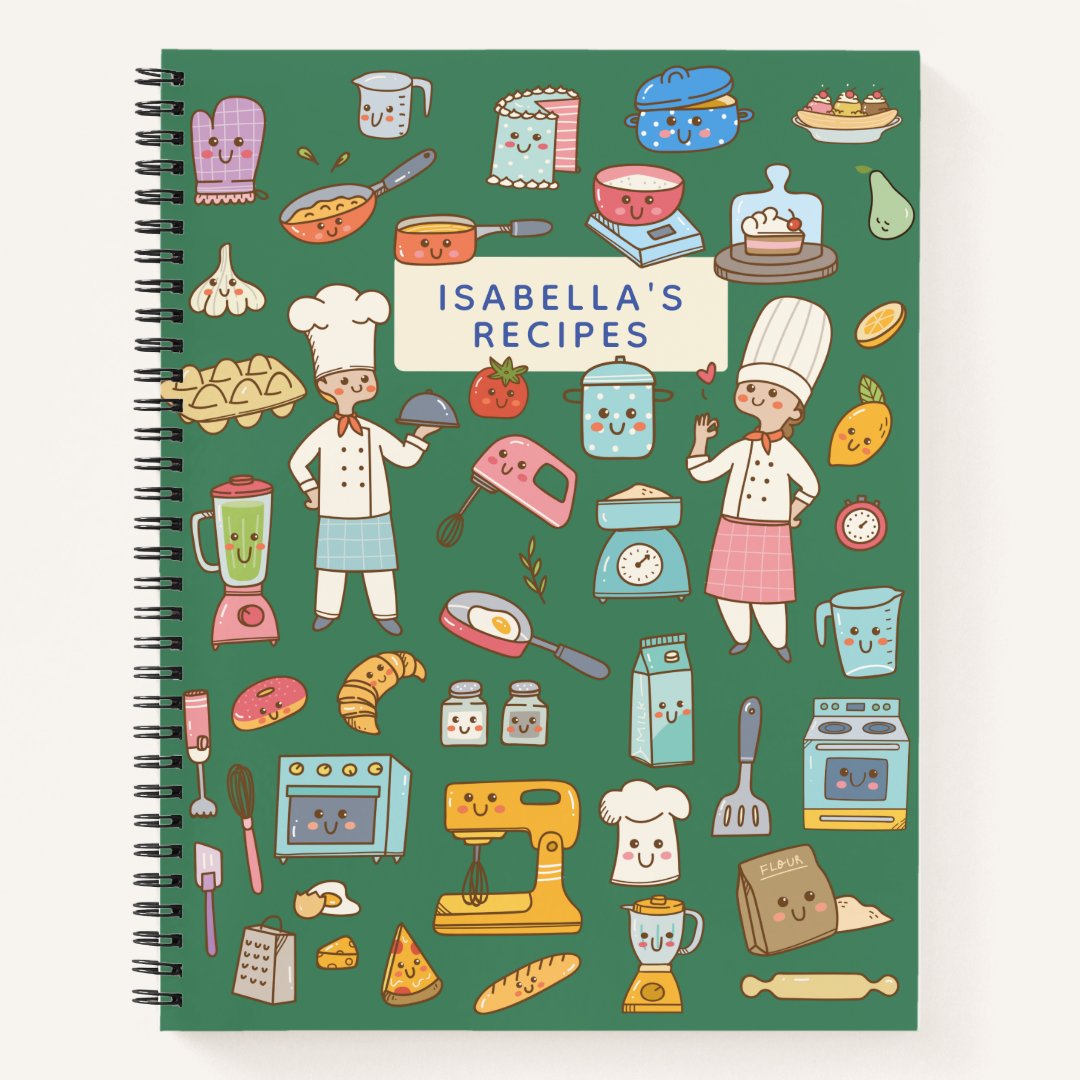 Cute Chef Cartoon Green Personalized Recipe Notebook | Zazzle