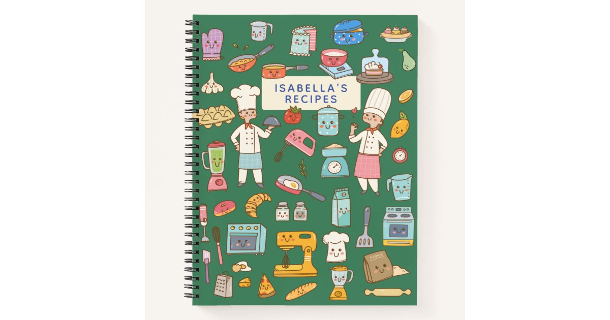 Cute Chef Cartoon Green Personalized Recipe Notebook | Zazzle
