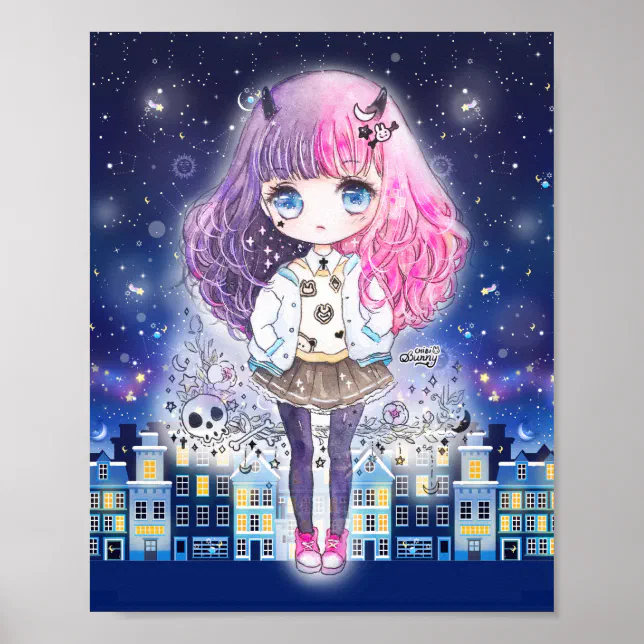 Cute chibi girl in a city of stars poster | Zazzle