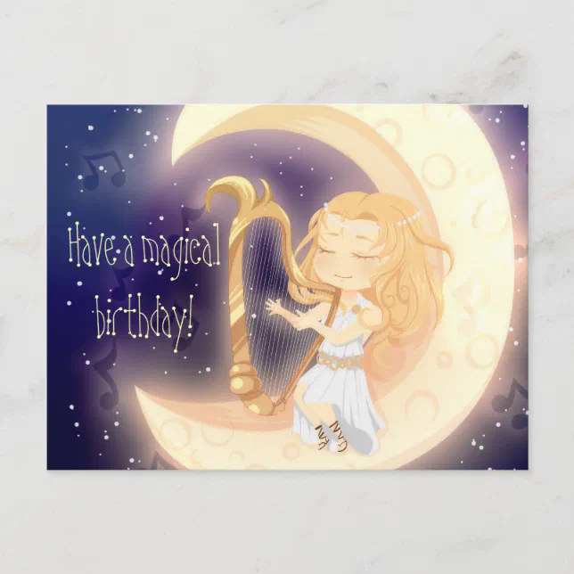 Cute Chibi girl playing harp on the moon birthday Postcard | Zazzle