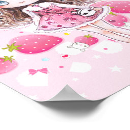 Cute chibi girl with kawaii strawberries poster | Zazzle