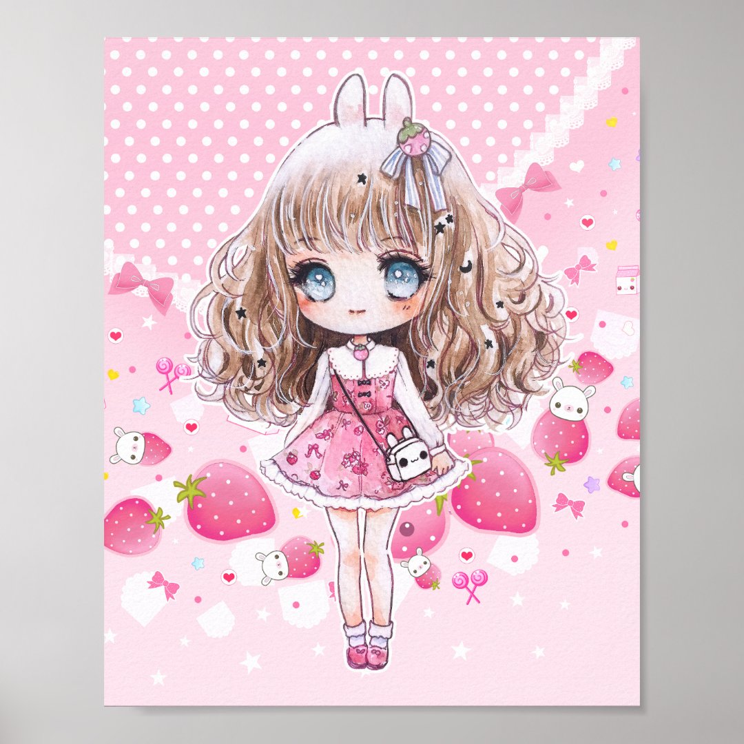 Cute chibi girl with kawaii strawberries poster | Zazzle