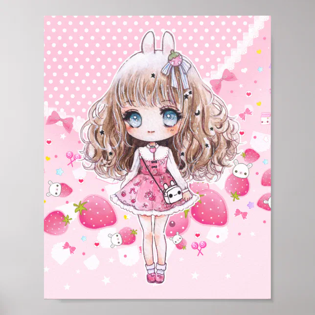 Cute chibi girl with kawaii strawberries poster | Zazzle
