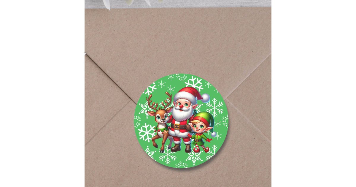 Cute Chibi Santa, Elf and Reindeer Christmas Classic Round Sticker | Zazzle