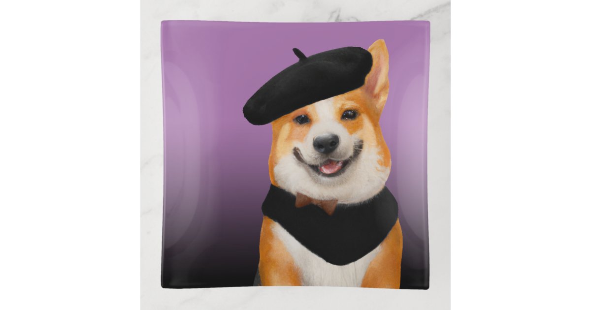 Cute Chic Corgi Dog Wearing Beret & Bandanna Trinket Tray | Zazzle