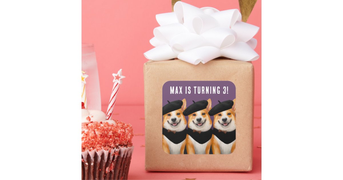 Cute Chic Corgi Dogs Wish You Happy Birthday Square Sticker | Zazzle