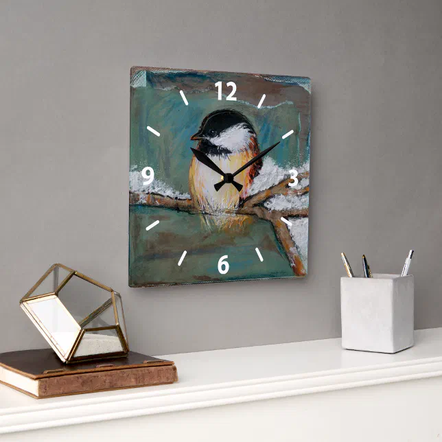 Cute Chickadee Bird Art Square Wall Clock | Zazzle