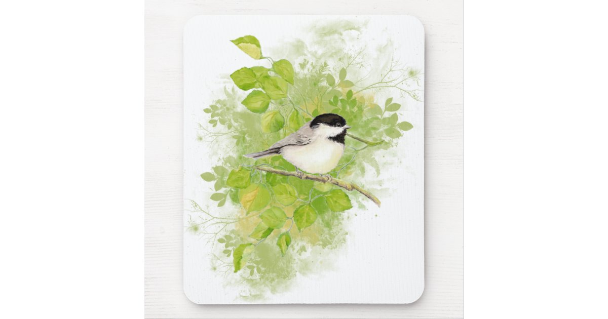 Cute Chickadee Bird in Poplar Tree Mouse Pad | Zazzle