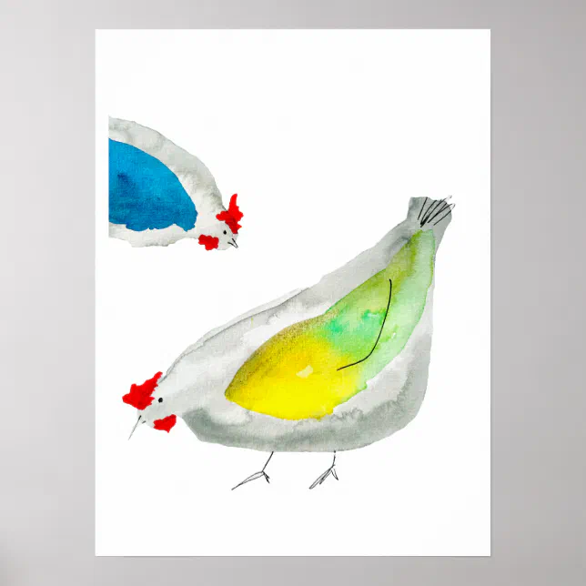 Cute chickens watercolor art poster | Zazzle