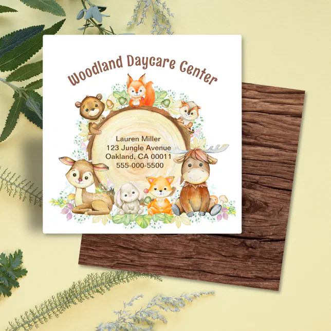 Cute Childcare Daycare Woodland Animals Square Business Card | Zazzle