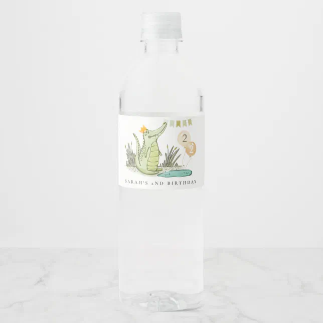 Cute Chomp Alligator in Swamp Any Age Birthday Water Bottle Label | Zazzle