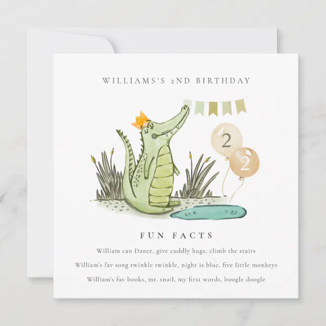 Cute Chomp Alligator in Swamp Fun Facts Birthday Invitation | Zazzle