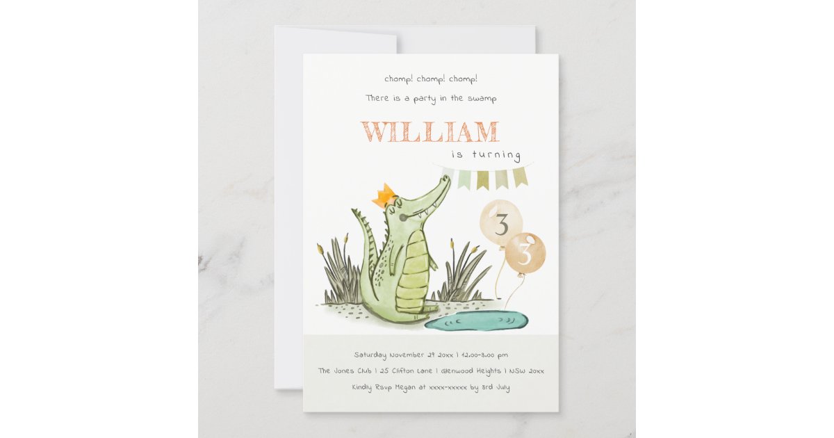 Cute Chomp Alligator Swamp Any Age Birthday Invite | Zazzle