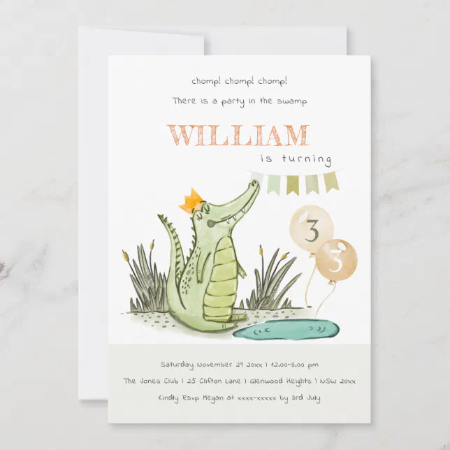 Cute Chomp Alligator Swamp Any Age Birthday Invite | Zazzle