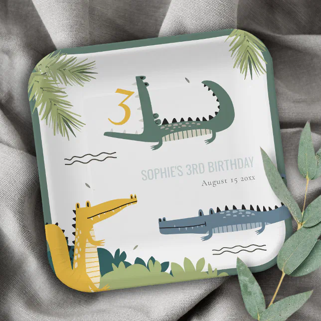 Cute Chomp Alligator Swamp Any Age Kids Birthday Paper Plates | Zazzle