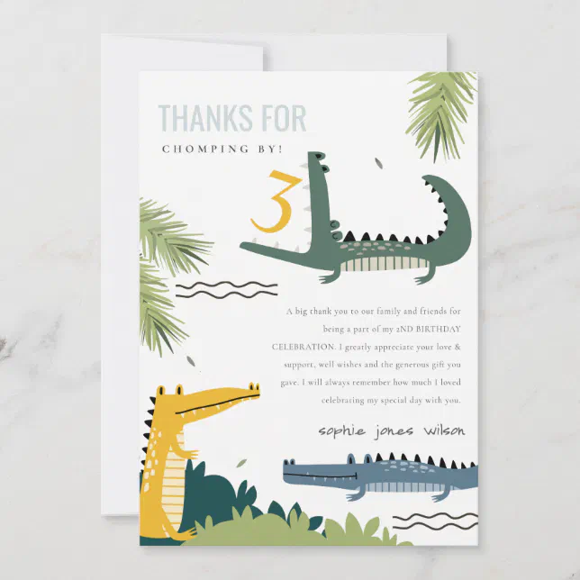 Cute Chomp Alligator Swamp Any Age Kids Birthday Thank You Card | Zazzle