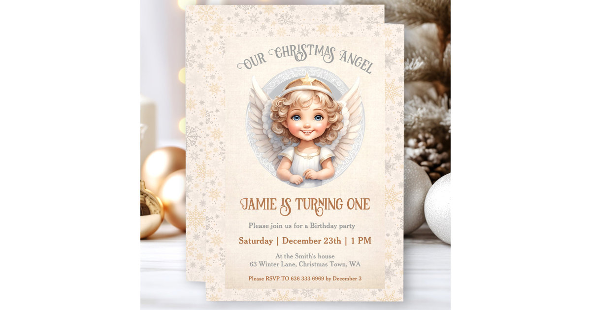 Cute Christmas Angel 1st Birthday Invitation | Zazzle