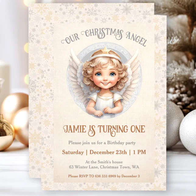 Cute Christmas Angel 1st Birthday Invitation | Zazzle