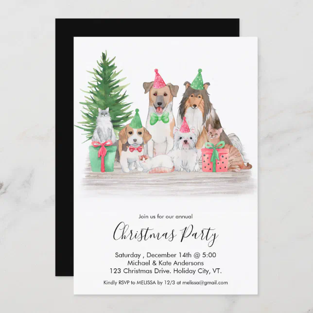 Cute Christmas Animals Dog Cat Puppy Kitten Party Invitation | Zazzle