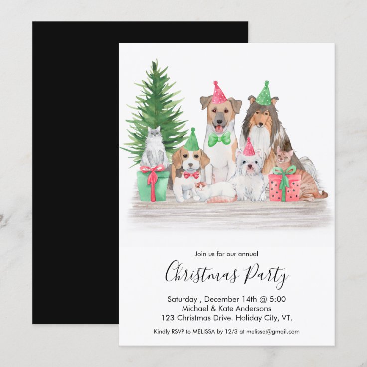 Cute Christmas Animals Dog Cat Puppy Kitten Party Invitation | Zazzle