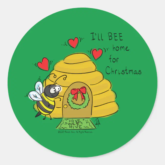 Cute Christmas Bee Funny Holiday Cartoon Classic Round Sticker | Zazzle