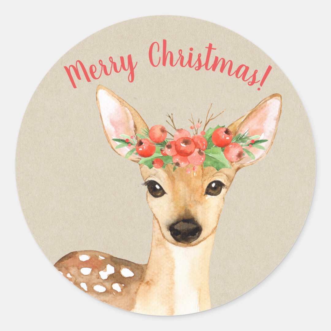 Cute Christmas Deer Rustic Country Holiday Custom Classic Round Sticker ...