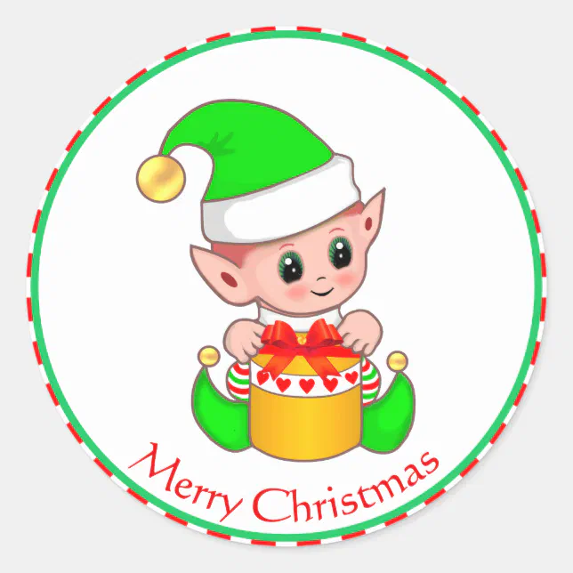 Cute Christmas Elf & Gift Box Classic Round Sticker | Zazzle