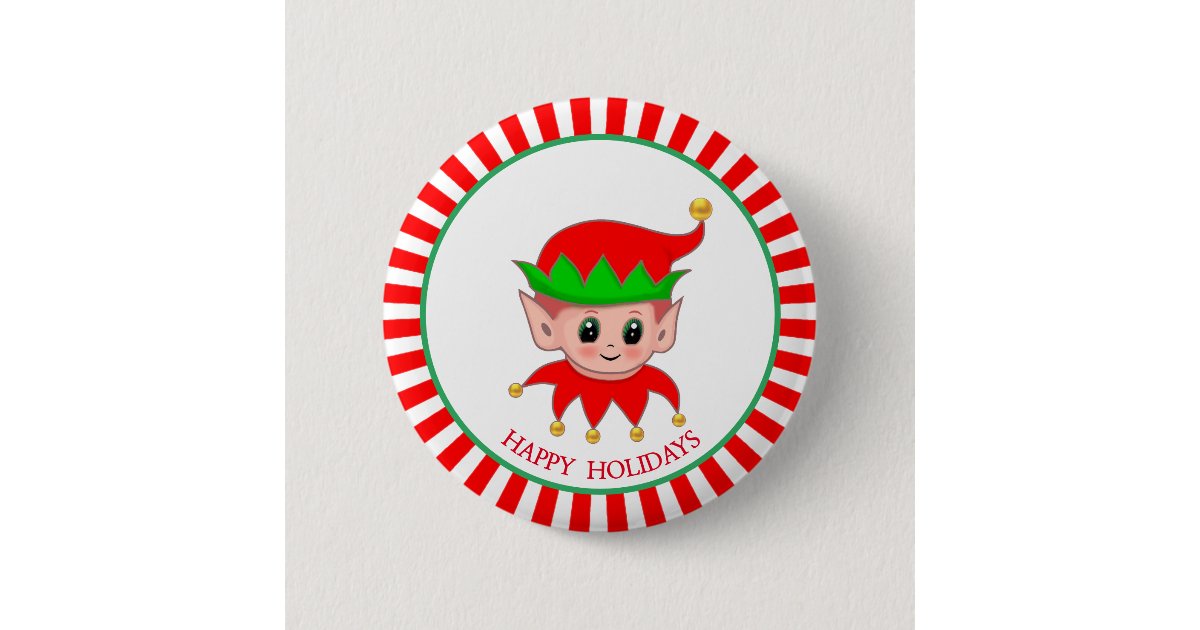 Cute Christmas elf & golden jingle bells Button | Zazzle