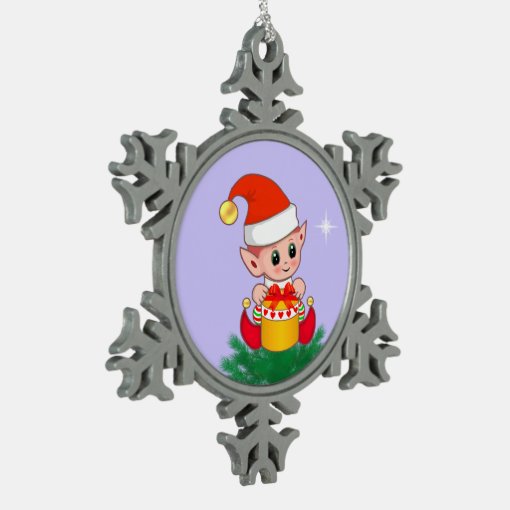 Cute Christmas Elf on periwinkle blue Snowflake Pewter Christmas ...
