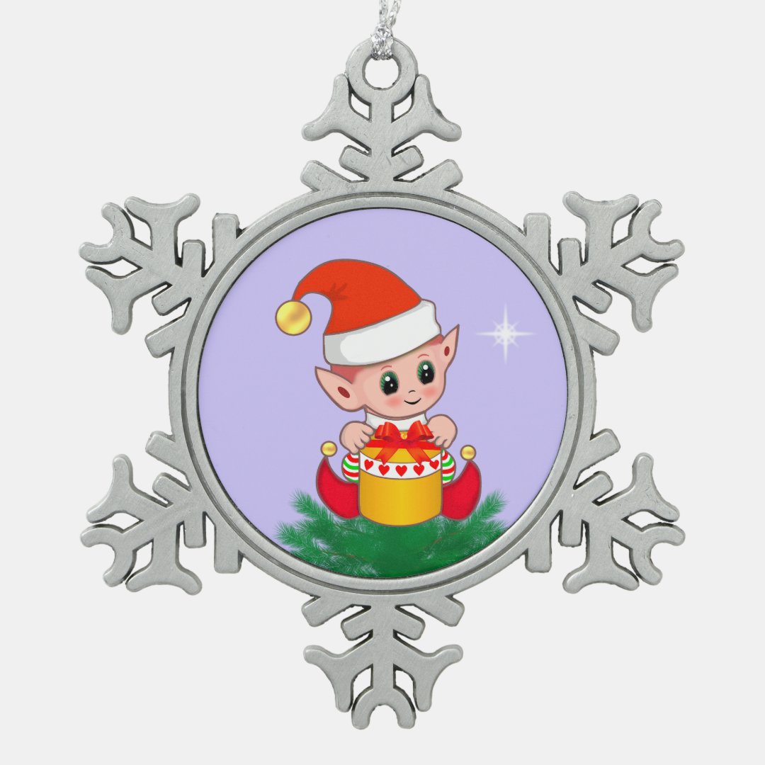 Cute Christmas Elf on periwinkle blue Snowflake Pewter Christmas ...