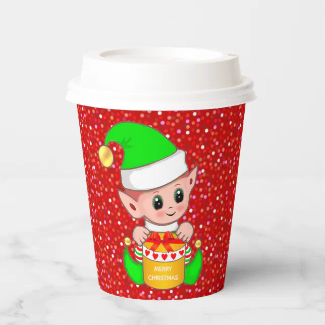 Cute Christmas Elf on Red Glitter Paper Cups | Zazzle