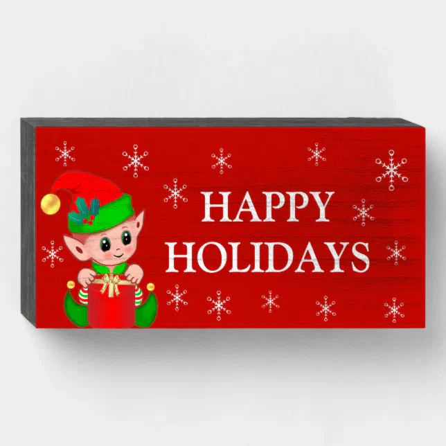 Cute Christmas Elf & Snowflakes on Red Wooden Box Sign | Zazzle