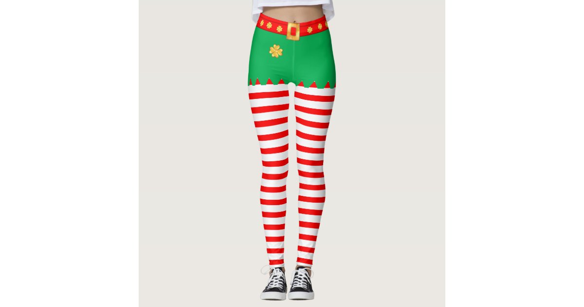 Cute Christmas elf striped Leggings | Zazzle