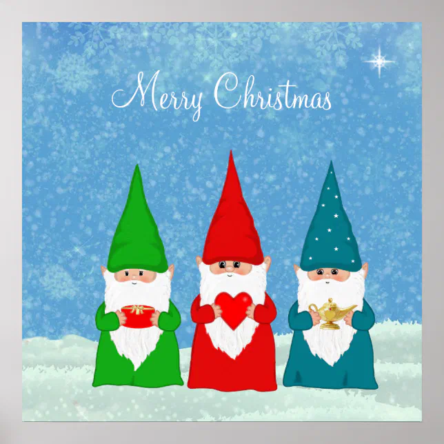 Cute Christmas Gnomes Dressed in Blue Red & Green Poster | Zazzle