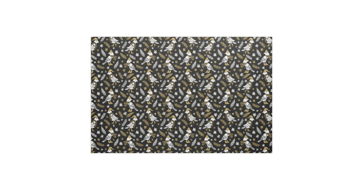 Cute Christmas Gold White Partridge Black Pattern Fabric | Zazzle